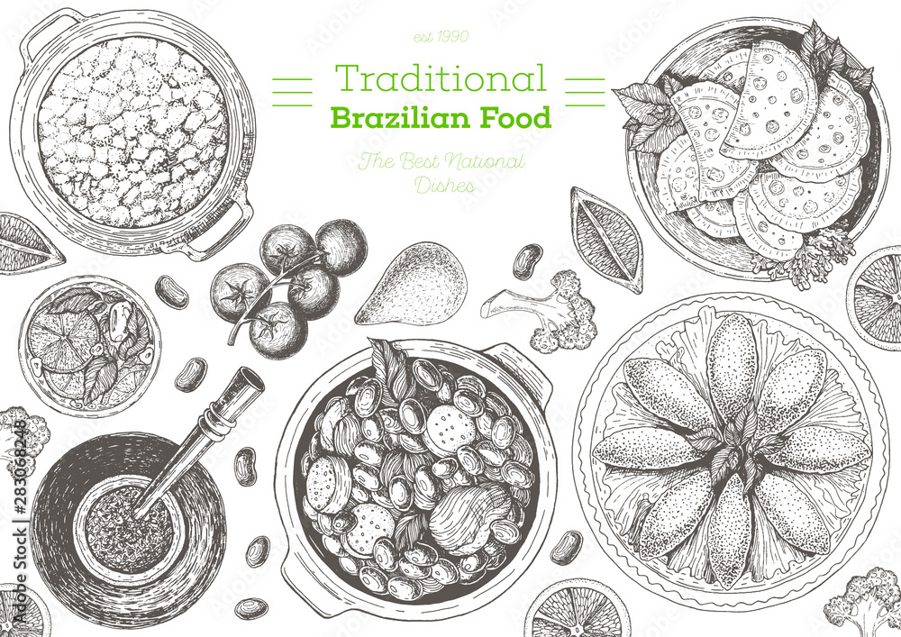 Brazilian cuisine top view frame. Brazilian food menu design with ...