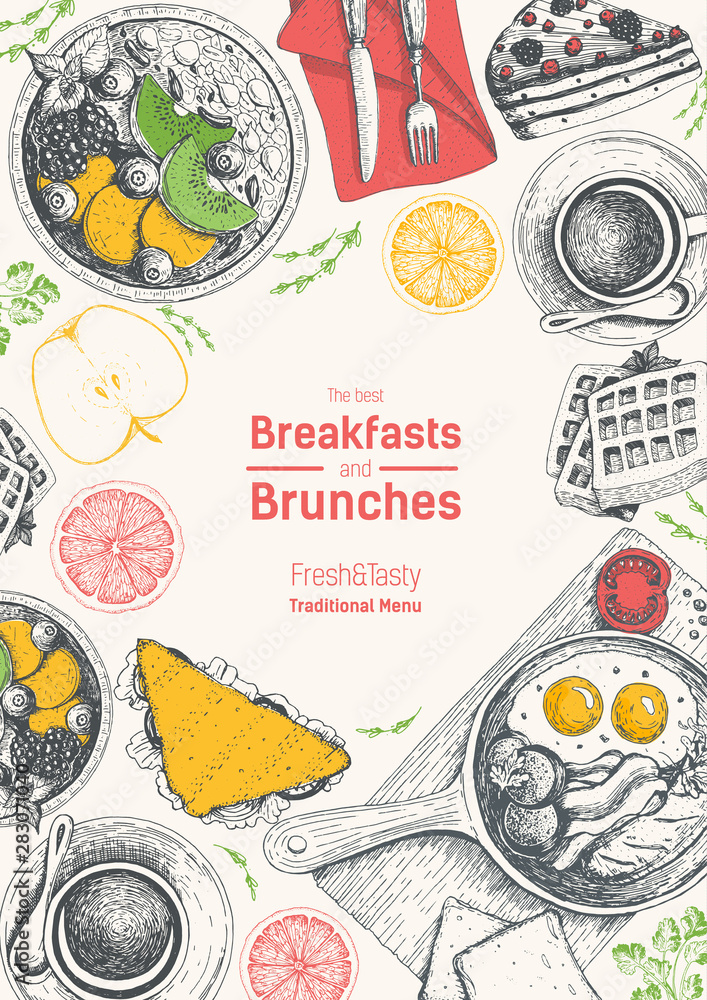 Brunch and breakfast top view frame. Food menu design. Vintage hand ...