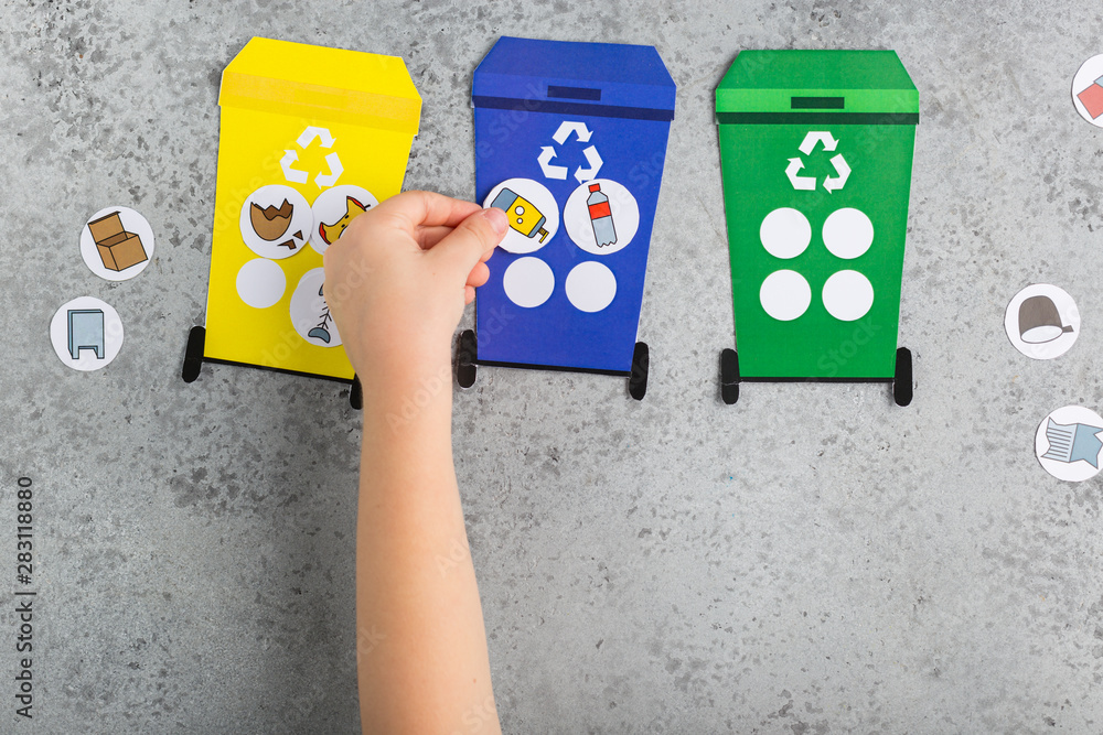 Recycling game design for children girl hands ecology education waste ...