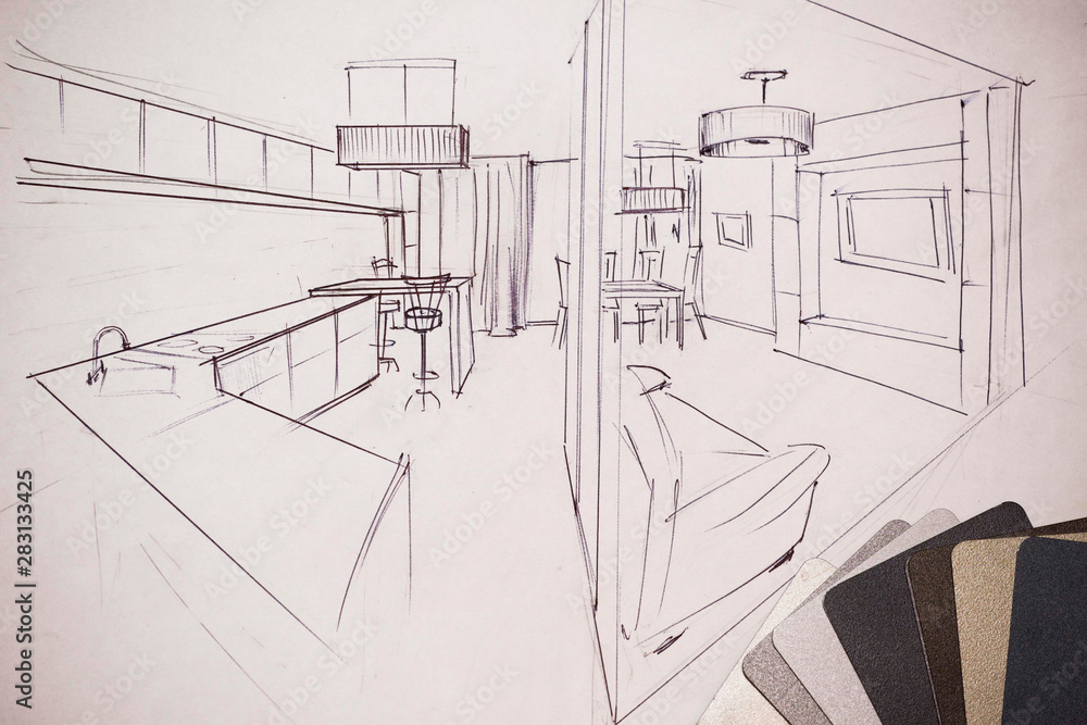 Outline drawings for the design of the kitchen design, everything is ...