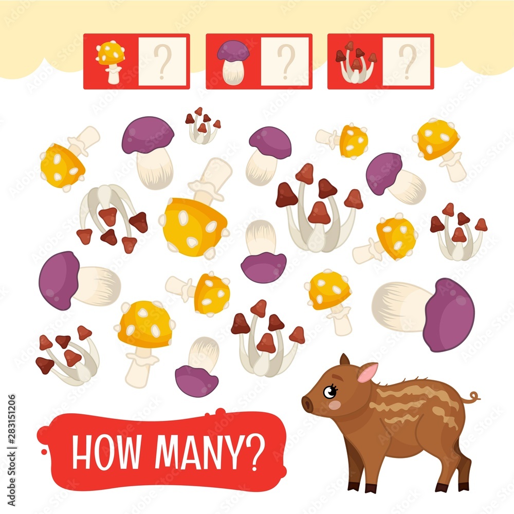 Counting educational children game, math kids activity sheet. How many objects task. Forest ...