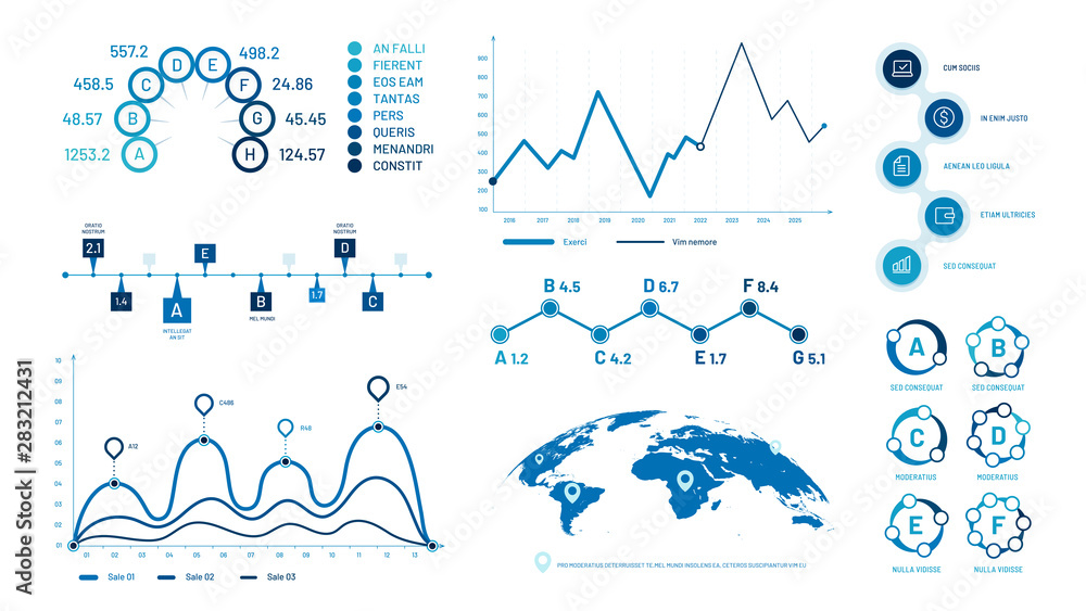 Infographics graph charts. Histogram data graphs, bubbles graphic ...