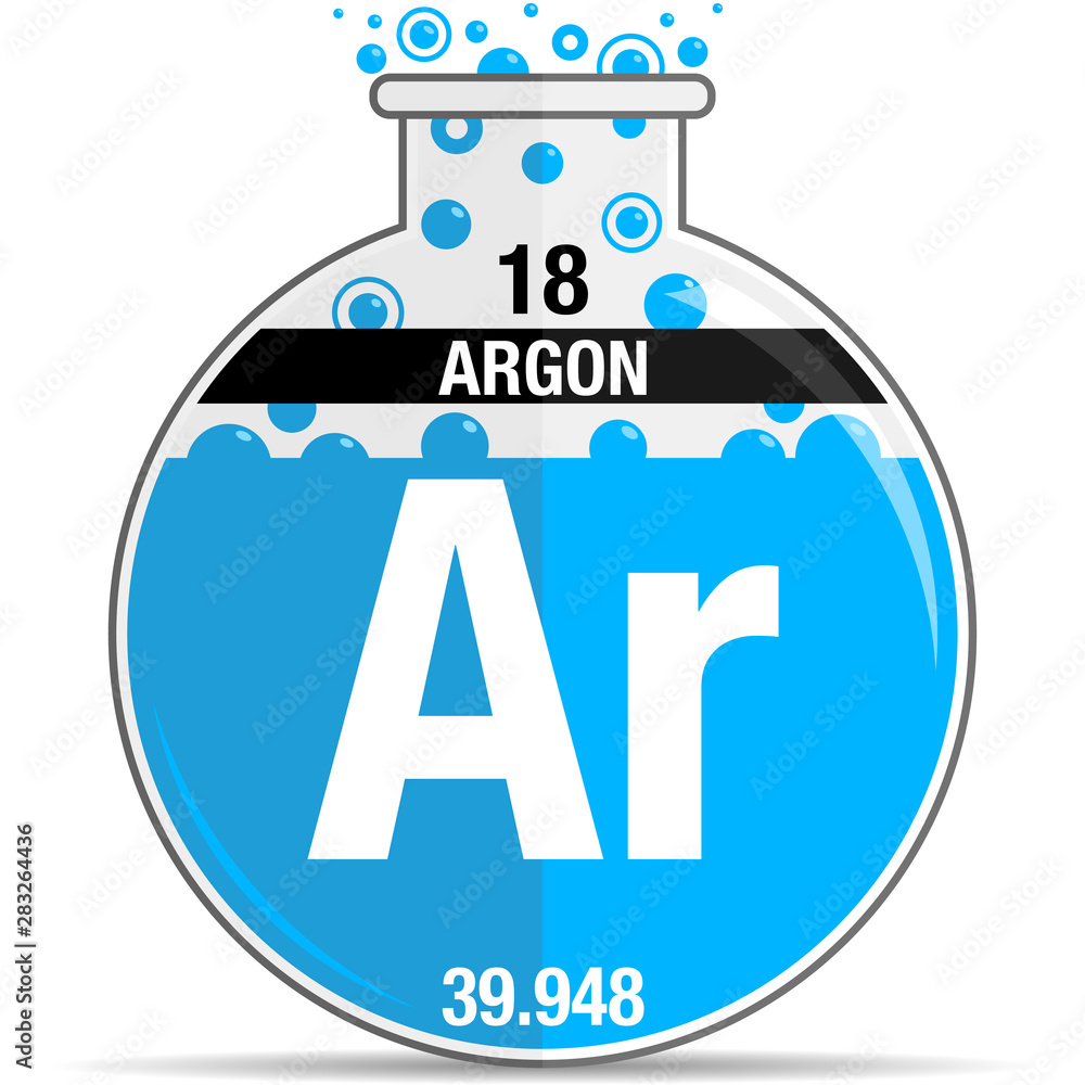 Argon symbol on chemical round flask. Element number 18 of the Periodic ...