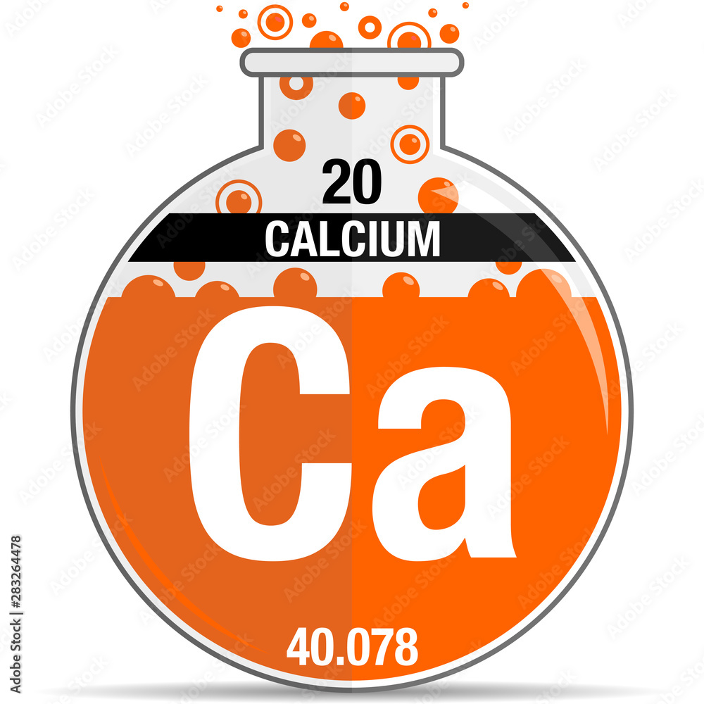 Calcium symbol on chemical round flask. Element number 20 of the ...