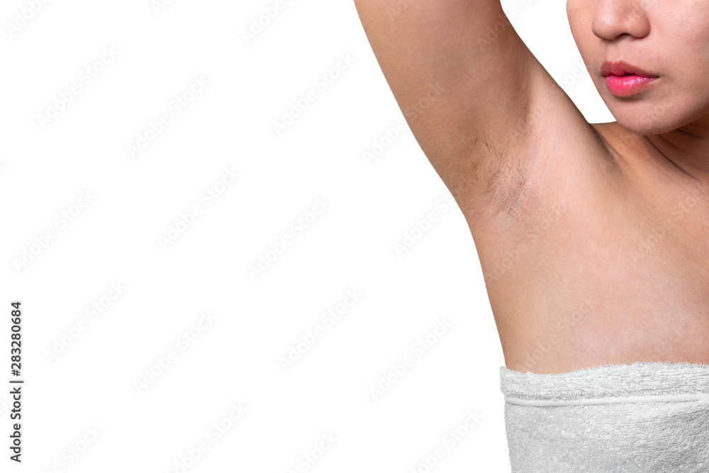 Asian women show armpit hair isolate on white background. Stock Photo ...