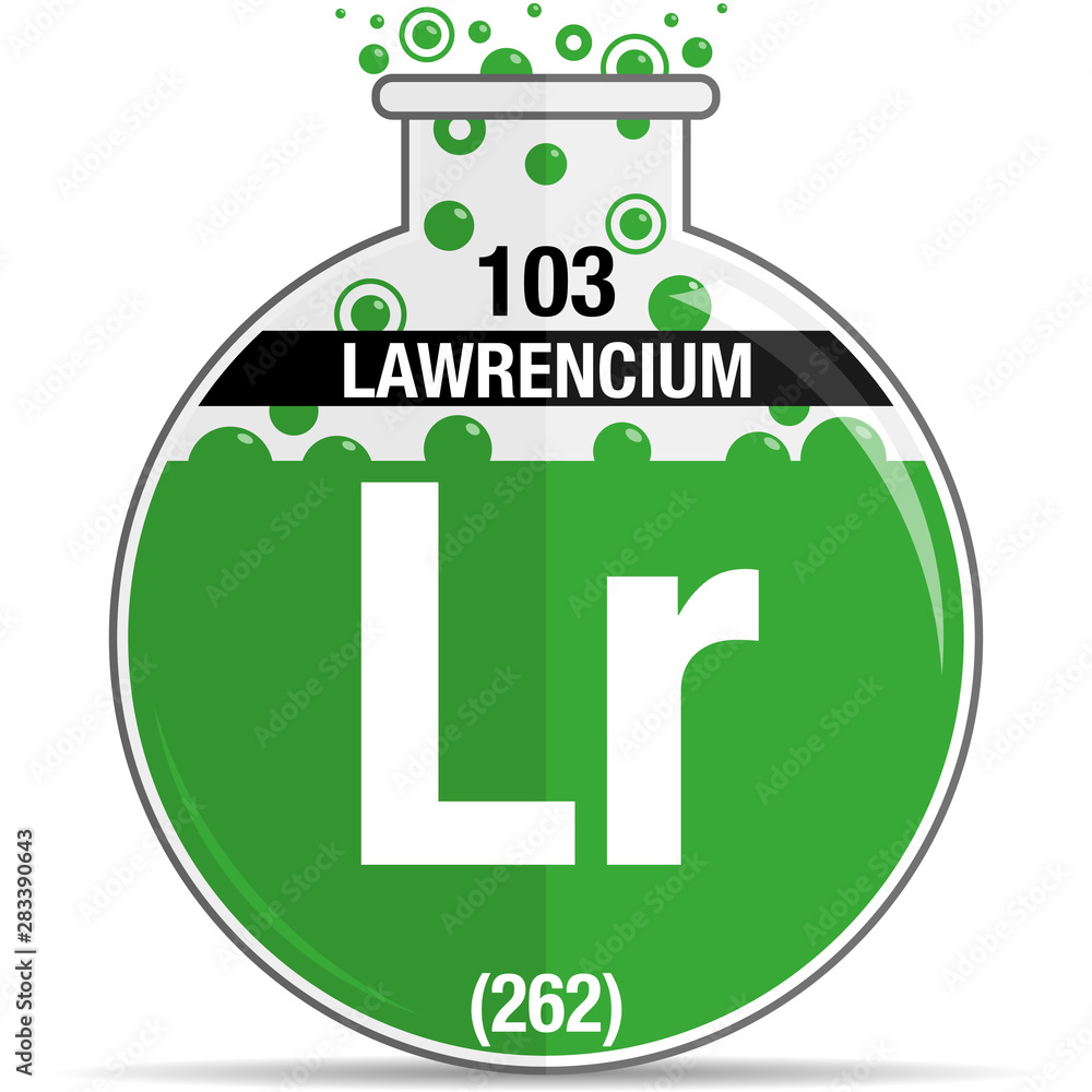 Lawrencium symbol on chemical round flask. Element number 103 of the ...