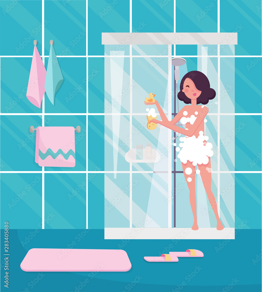 Woman taking shower. Daily routine with confident adult female ...