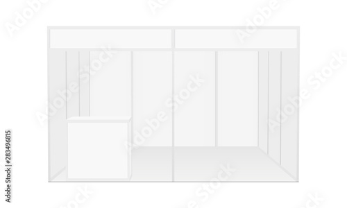Exhibition booth mockup with table - front view. Vector illustration ...