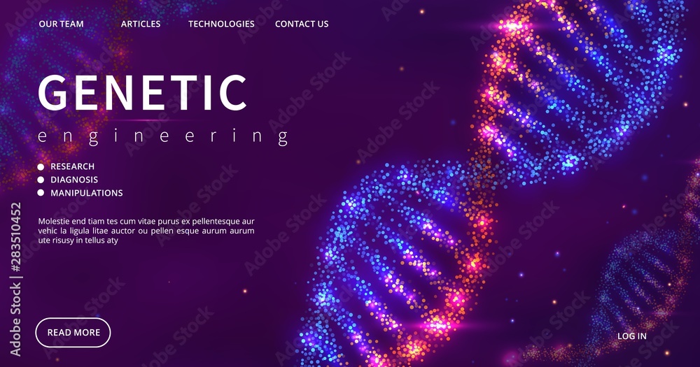 Genetic engineering landing page. Vector shine DNA structure. Medical ...