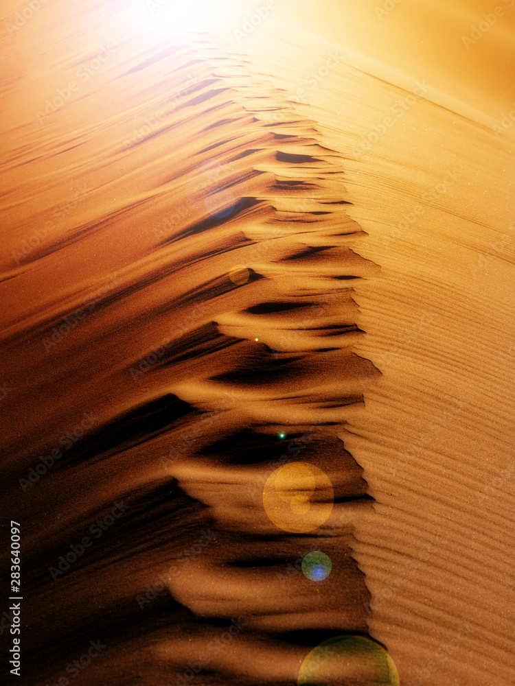 Trail of footprints into the sunlight, faded in the desert wind Stock ...