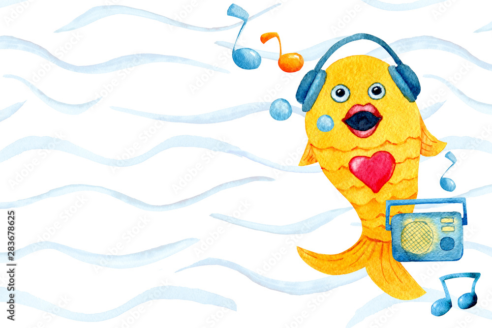 Singing and dancing goldfish. Cartoon character in watercolor. Children ...