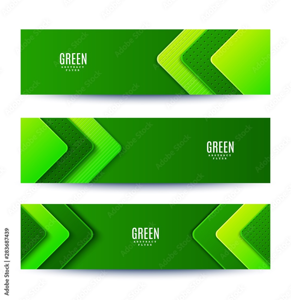 Abstract three green banners with layered angle shapes. Vector flyers ...