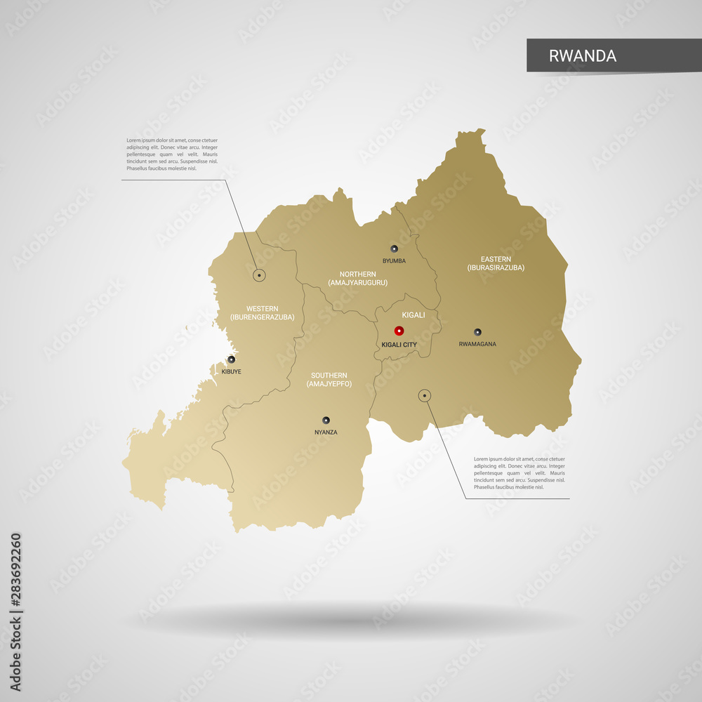 Stylized vector Rwanda map. Infographic 3d gold map illustration with ...
