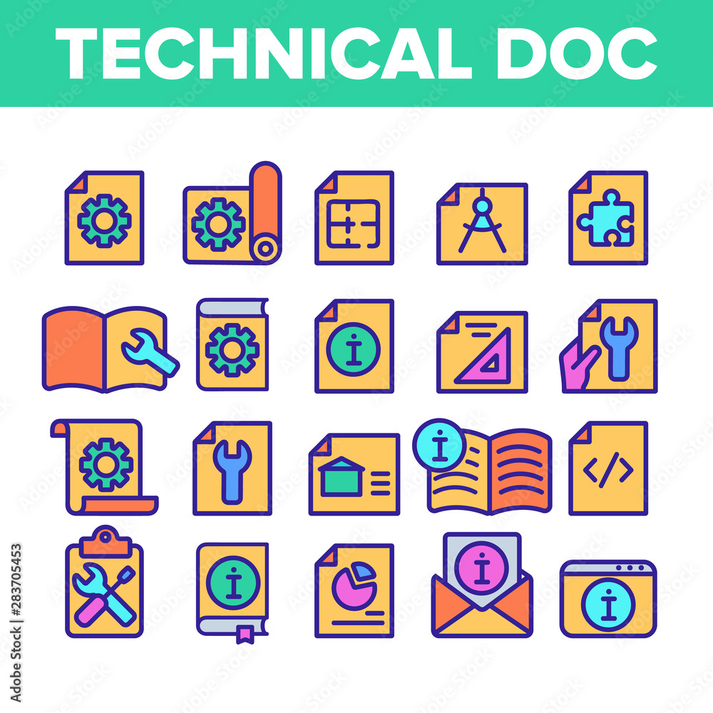 Color Technical Documentation Thin Line Icons Set Vector. Collection Of ...