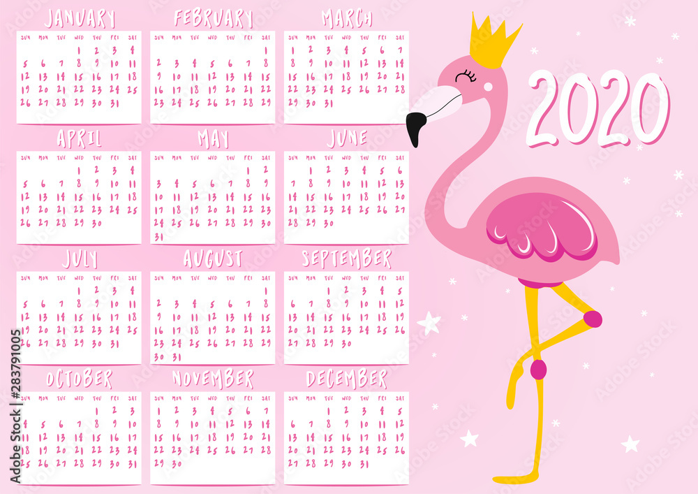 Image vectorielle Stock Flamingo calendar for 2020 year. Cute design ...