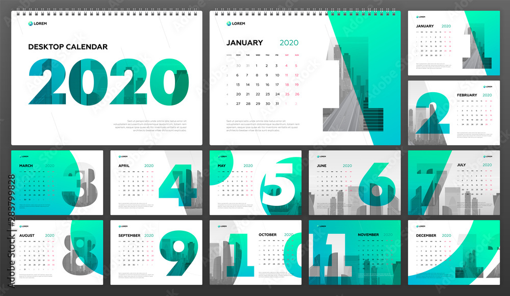 Stock-Vektorgrafik „Desk Calendar 2020 template business. Week starts ...