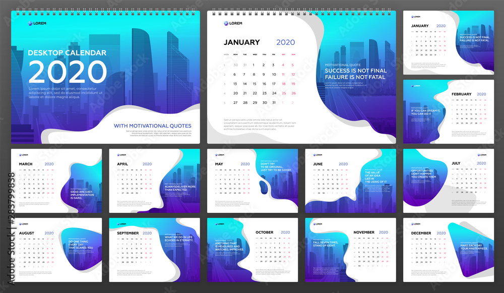 Desk Calendar 2020 template business. Week starts on Monday. Set of 12 ...