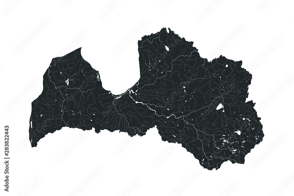 Baltic states - map of Latvia. Hand made. Rivers and lakes are shown ...