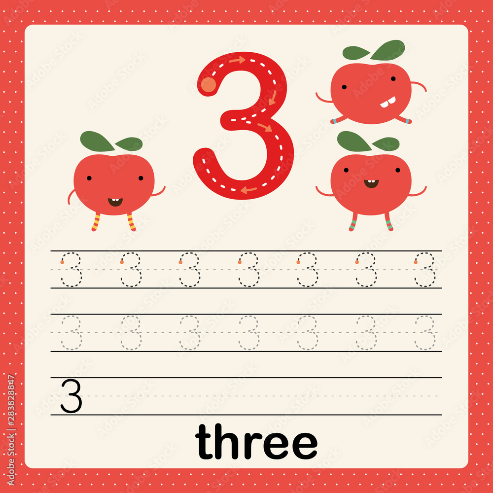Number 3, card for kids learning to count and to write, worksheet for ...