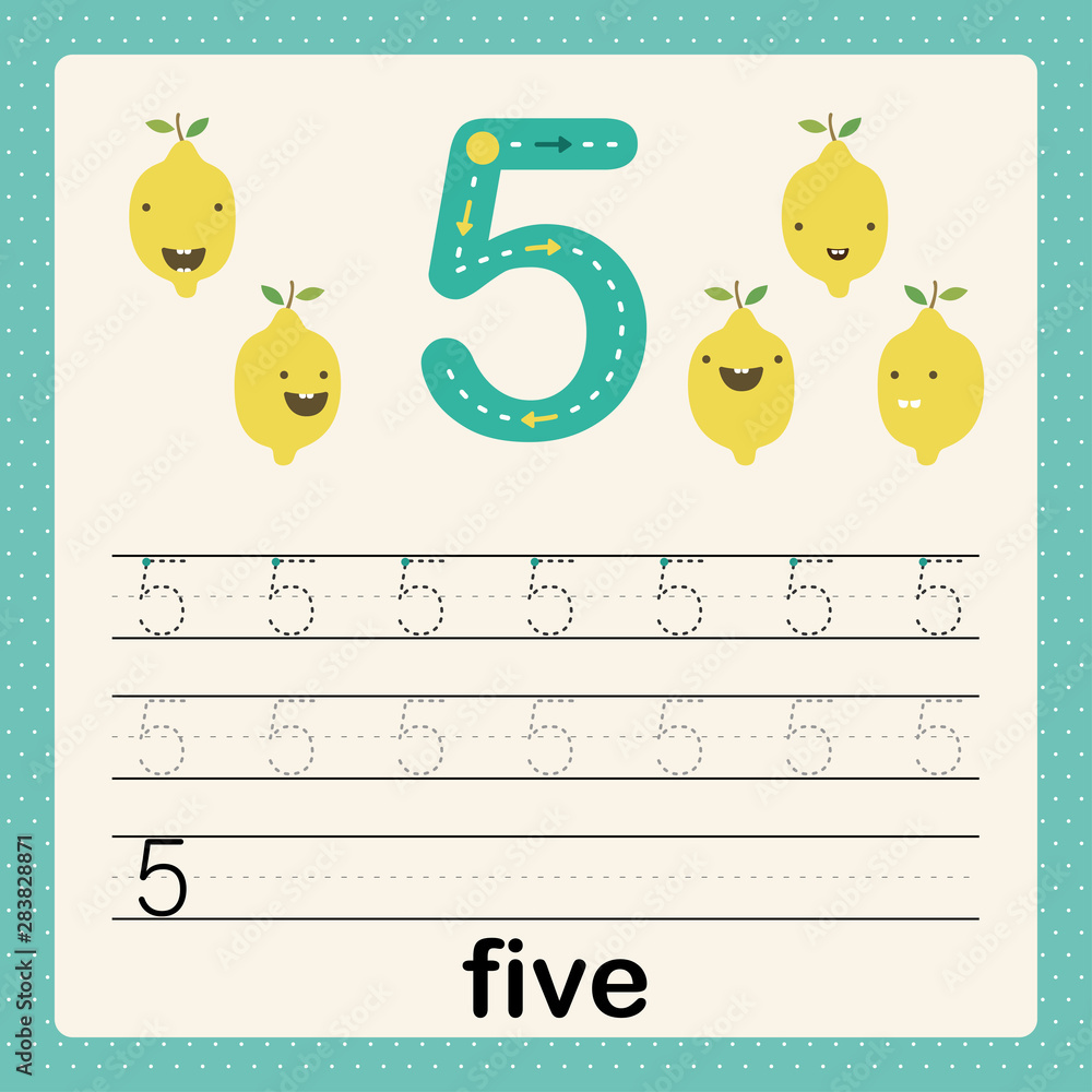 Number 5, card for kids learning to count and to write, worksheet for ...