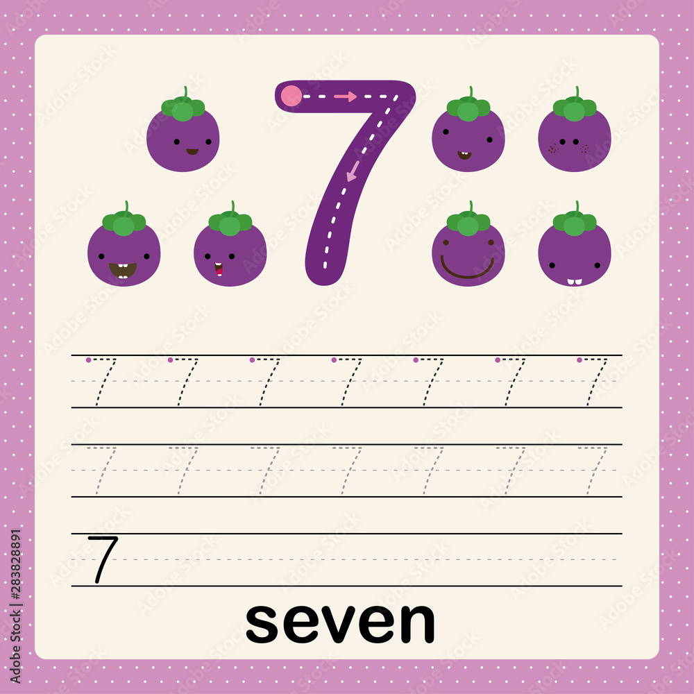 Number 7, card for kids learning to count and to write, worksheet for ...