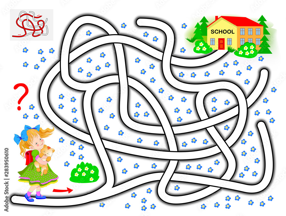 Logical puzzle game with labyrinth for children. Help the little girl ...