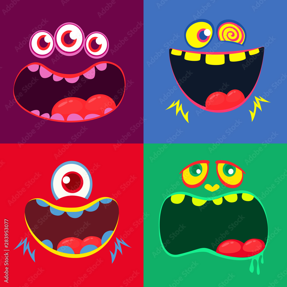 Cartoon monster faces set. Vector set of four Halloween monster faces ...