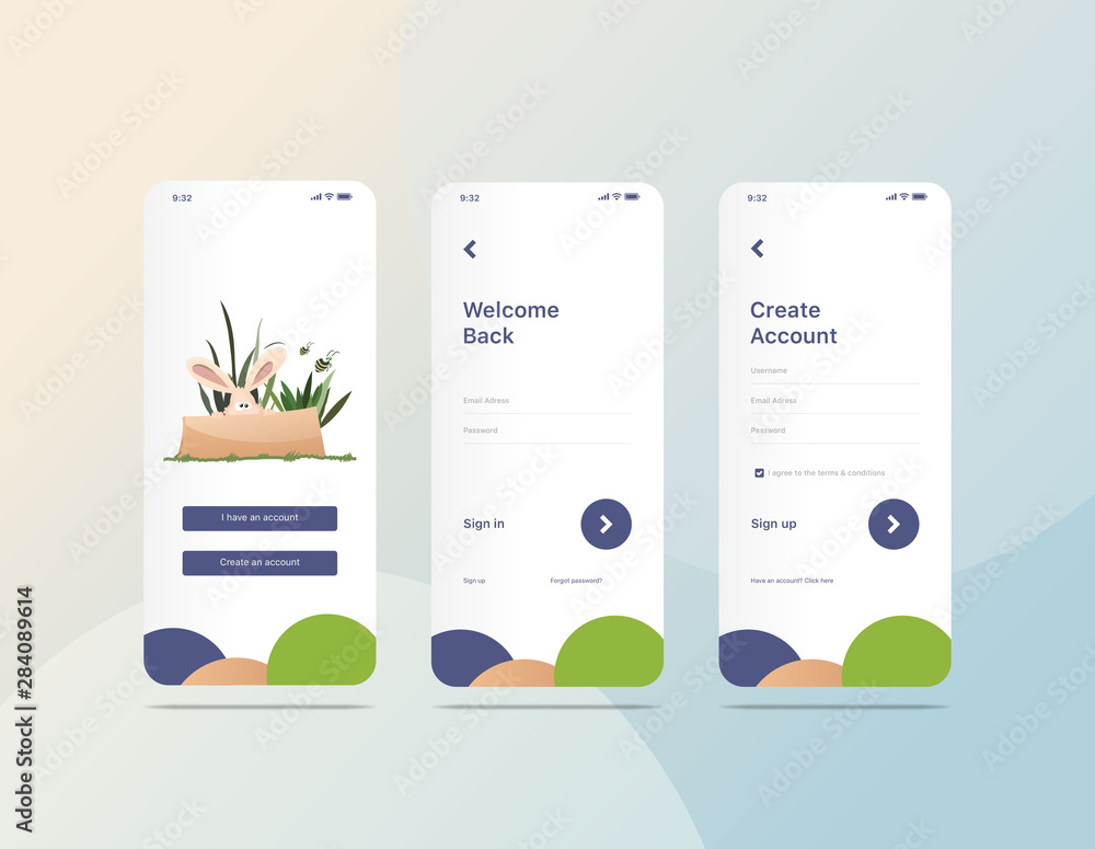 Sign Up and Log In screen template for mobile apps. Welcome screen for ...