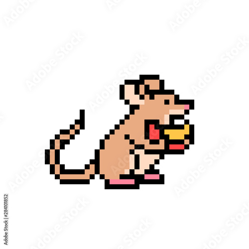 Brown mouse eating cheese, cute pixel art character isolated on white ...
