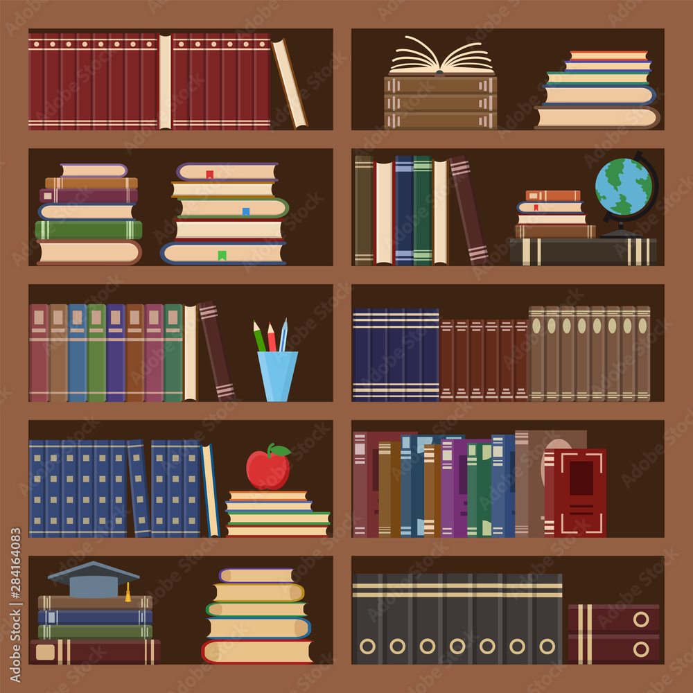 Books in bookcase seamless pattern. School book, science literature ...