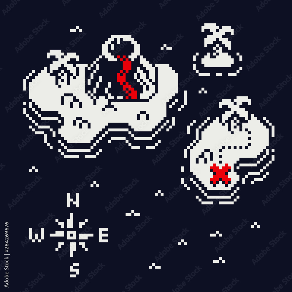 Treasure map, small islands with volcano and palm trees, game pixel art ...