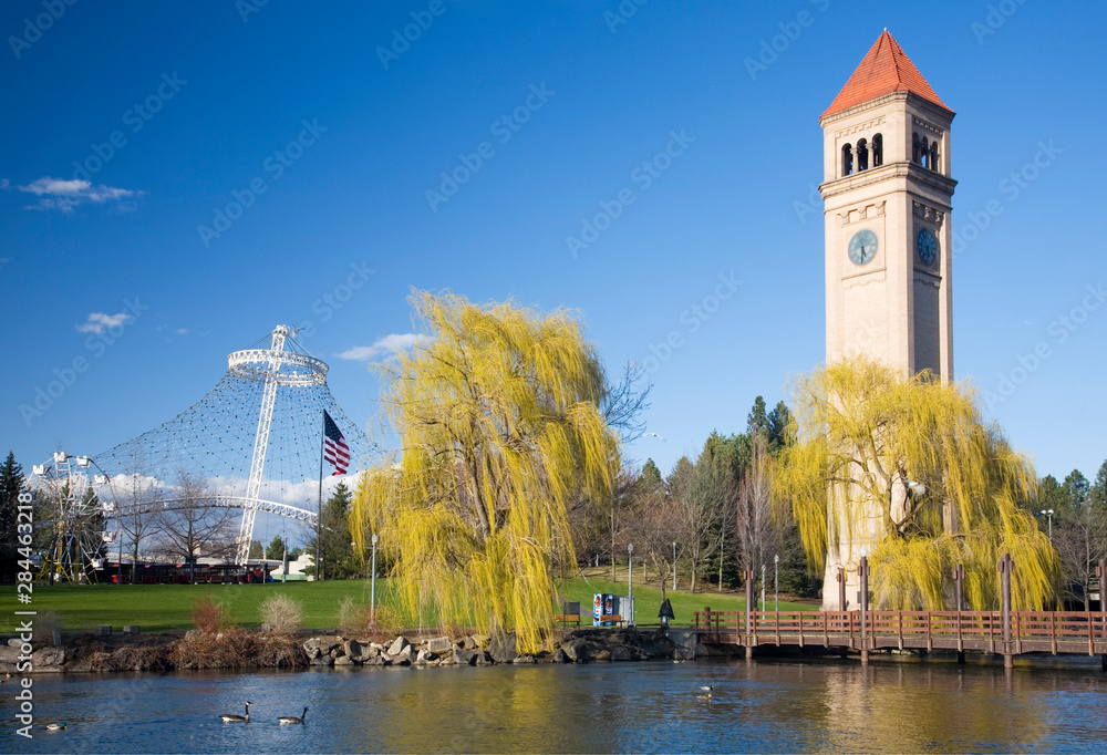 WA, Spokane, Riverfront Park, view across the Spokane River, the Clock ...