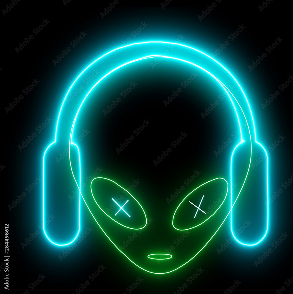 Neon UFO face, alien emoji listening music with headphones glowing ...