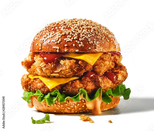 Fresh tasty burger isolated on white background. Big double cheddar ...