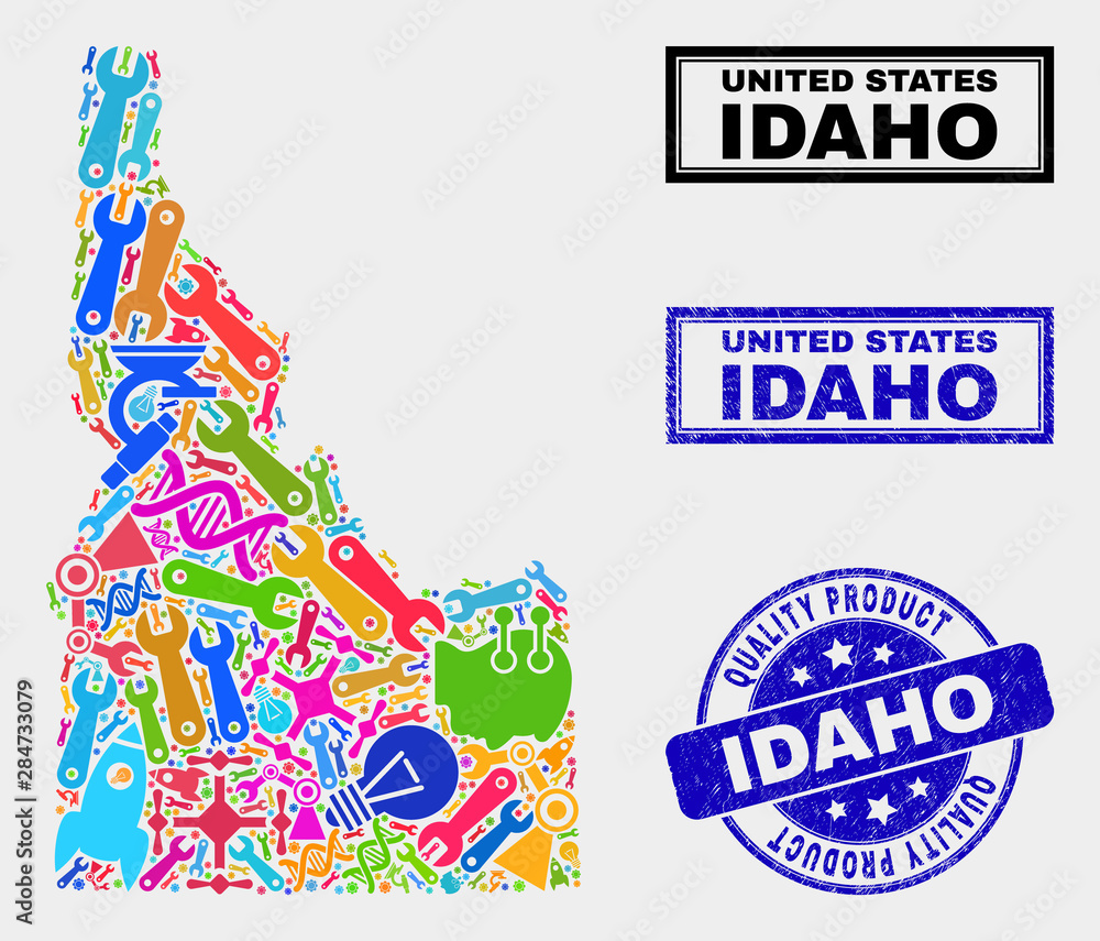 Vector collage of service Idaho State map and blue seal stamp for ...