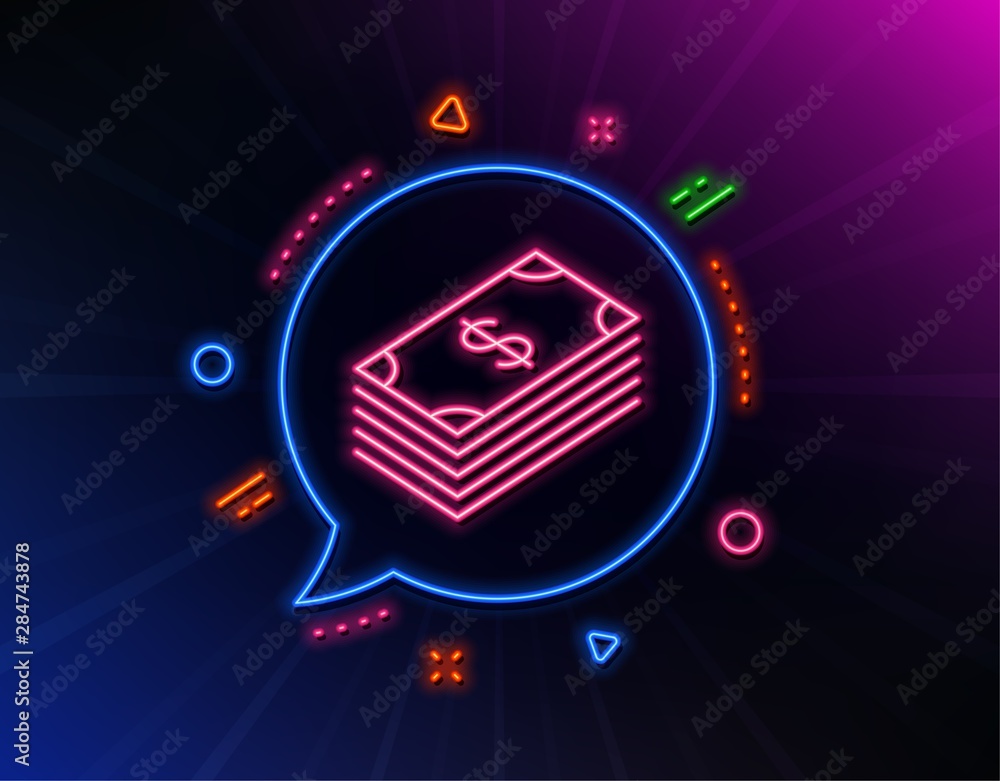 Cash money line icon. Neon laser lights. Banking currency sign. Dollar ...