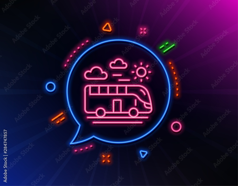 Bus travel line icon. Neon laser lights. Trip transport sign. Holidays ...