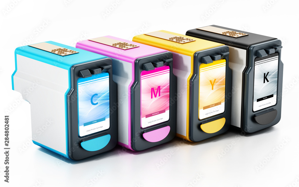 Generic inkjet printer CMYK cartridges isolated on white background. 3D ...