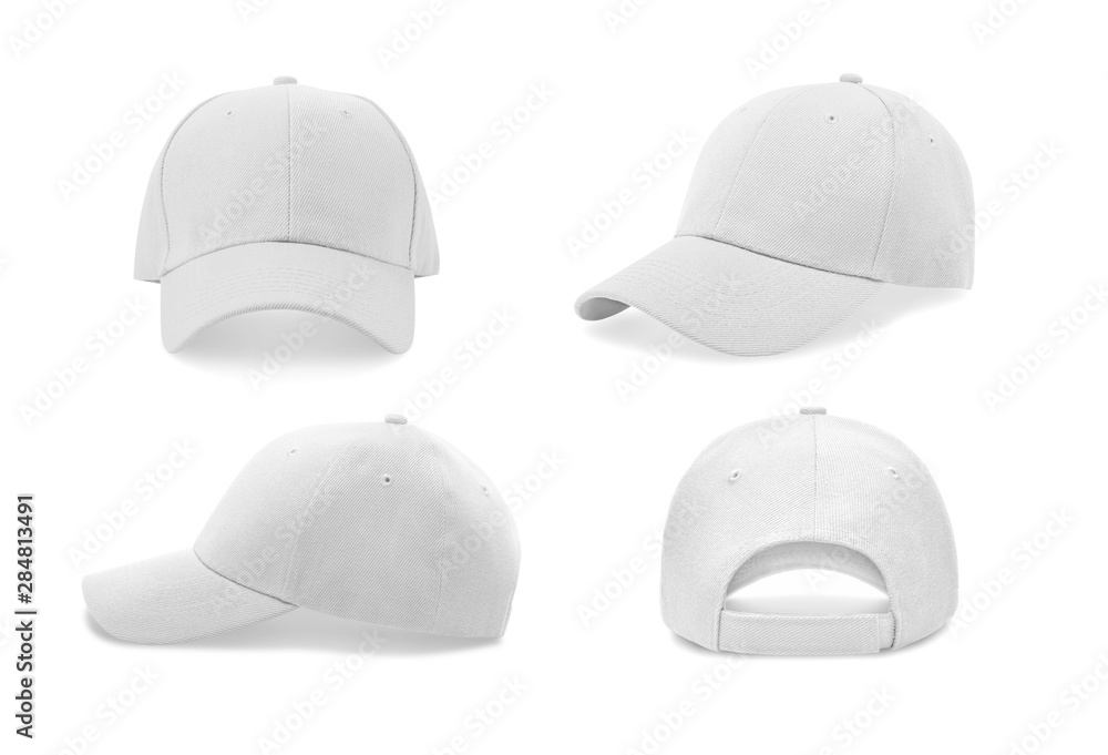 White baseball cap in four different angles views. Mock up. Stock Photo ...