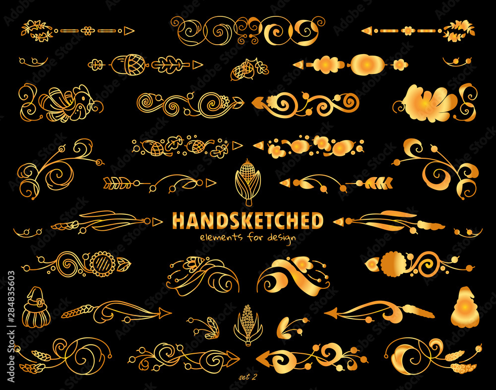 Vector premium set of golden arrows, indexes, dividers, flowers, ear of ...