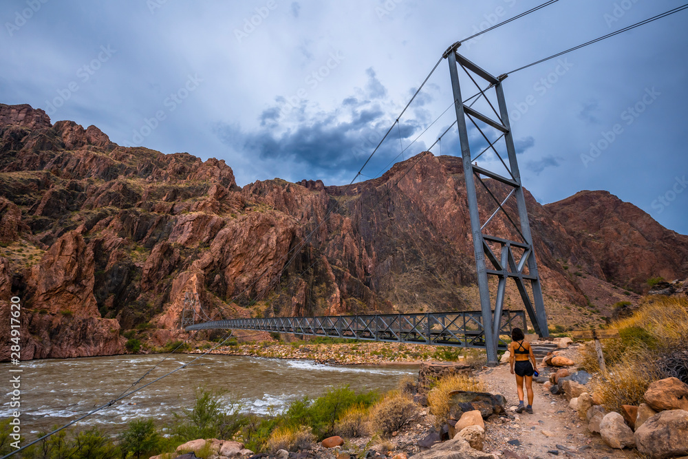The beautiful Colorado River Bridge on the Bright Angel Trailhead route ...