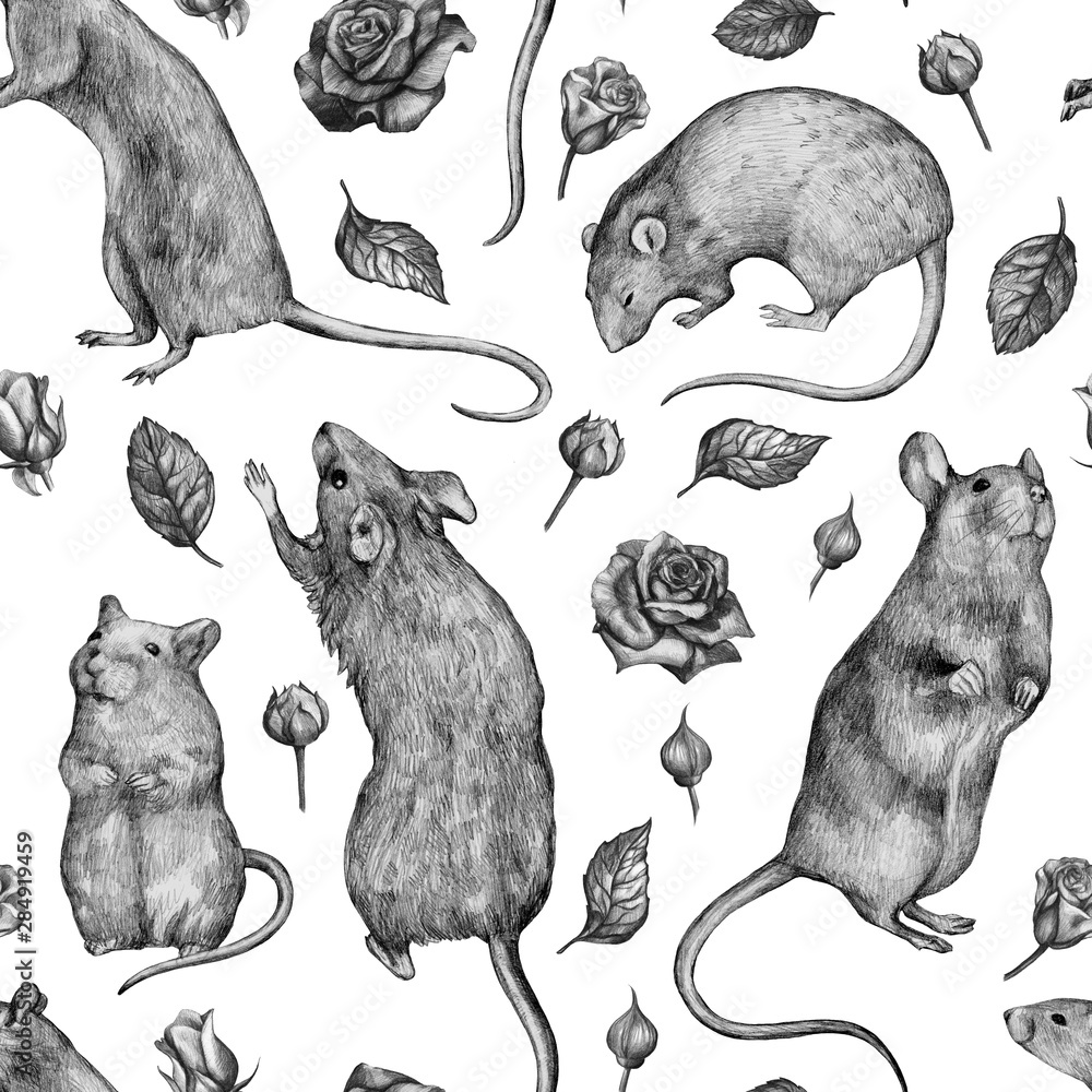 Beautiful vintage seamless pattern. Pencil drawing of rodents in ...