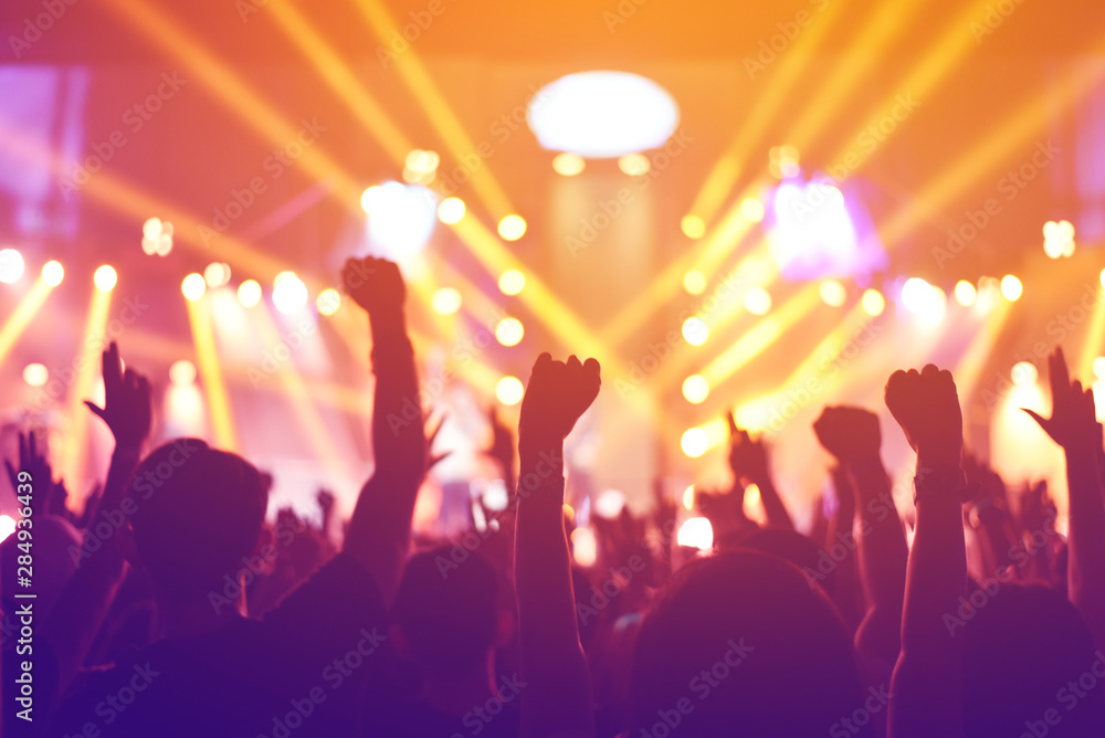 silhouettes of , Fun concert party rock disco light background. Stock ...