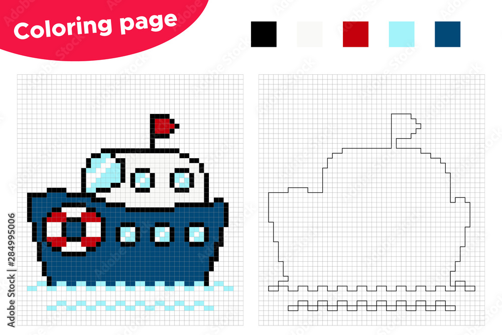 Pixel coloring page for children. Count and color squares. Cartoon ship ...