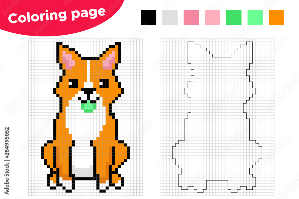 Pixel coloring page for preschool and school kids. Cute cartoon Welsh ...