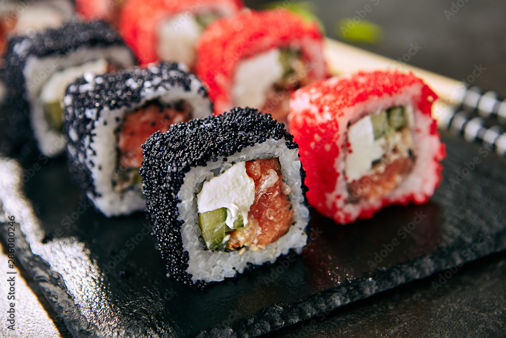 Photo Stock Macro photo of maki sushi roll with rice, cream cheese ...