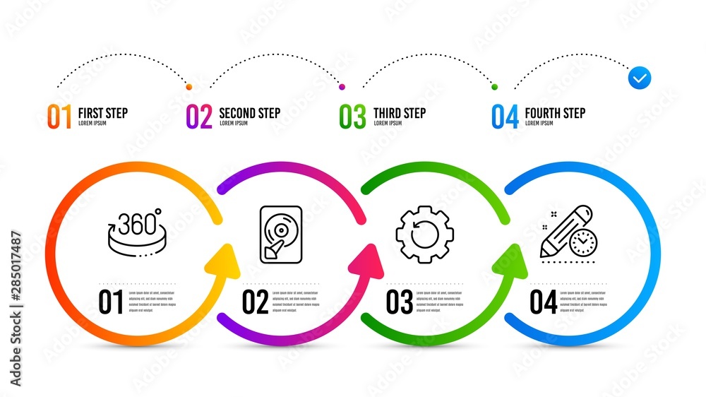 Project deadline sign. Infographics timeline. Recovery gear, Hdd and 360 degrees line icons set ...