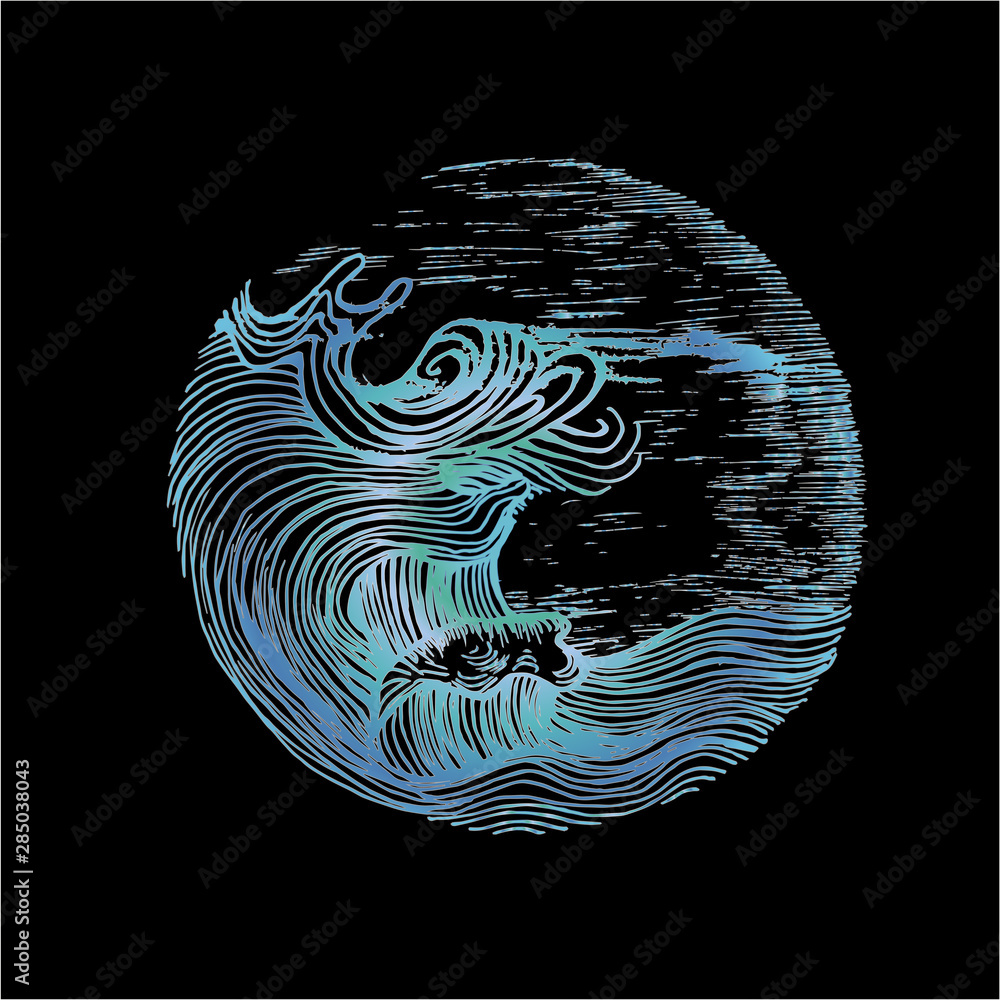 Color illustration of sea waves and sky in hatching style. Tattoo idea ...