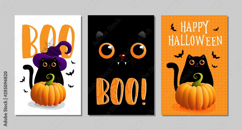 Vector illustrations with black cat. Halloween poster designs with ...
