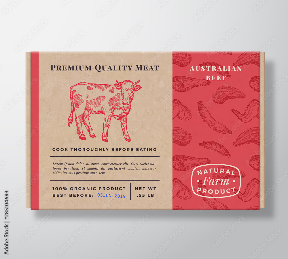 Meat Pattern Realistic Cardboard Box Container. Abstract Vector ...